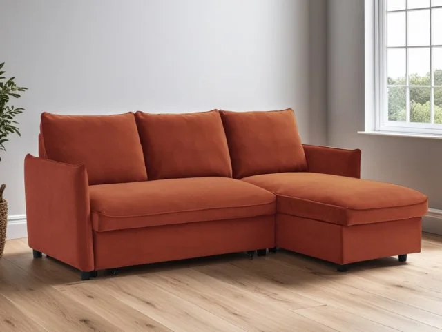Kyoto Blaire Burnt Orange Velvet Corner Sofa Bed