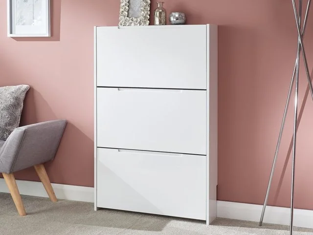 GFW Sapporo White High Gloss 3 Tier Narrow Shoe Cabinet